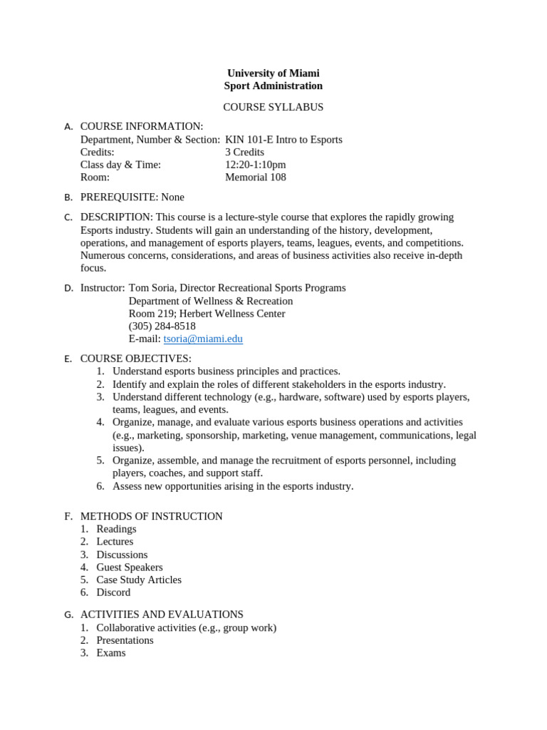 Intro to Esports Course Syllabus | PDF