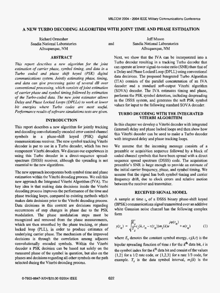 A New Turbo Decoding Algorithm With Joint Time And Phase Estimation R