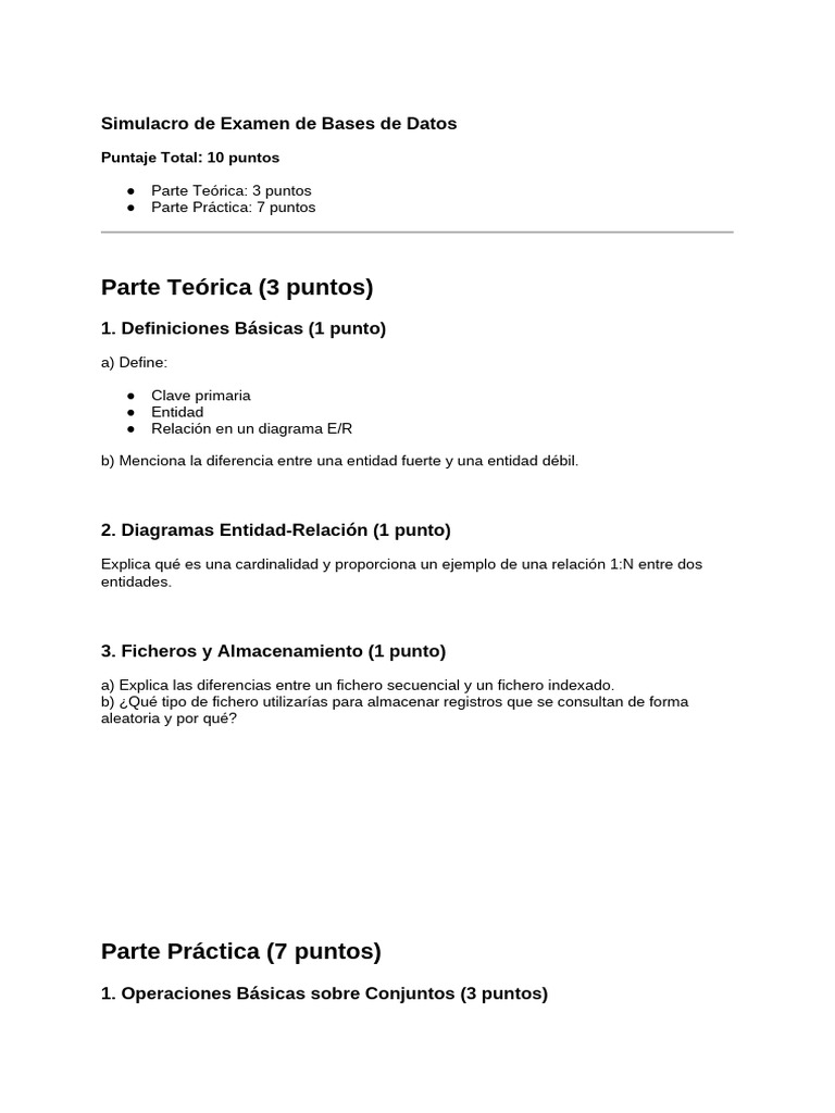 Simulacro de Examen de Bases de Datos | PDF | Bases de datos | Gestión de datos