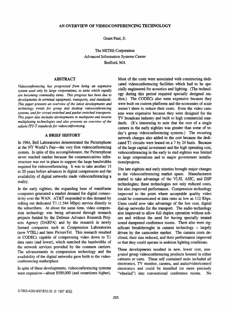An Overview Of Videoconferencing Technology. Paul G. (1997) | PDF | Videotelephony | Computer ...