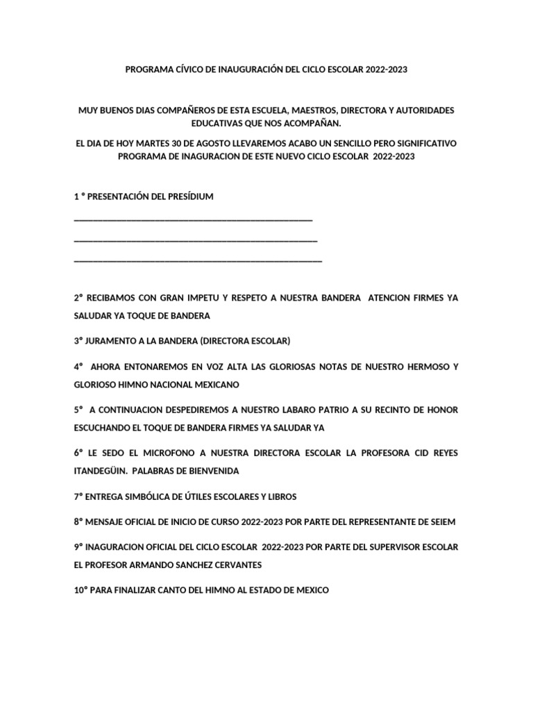 Inauguración Ciclo Escolar 2022-2023 | PDF