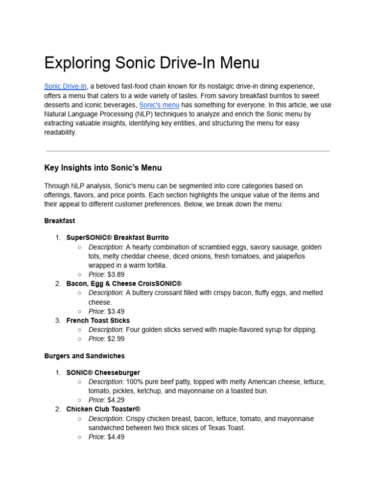 Exploring Sonic Drive-In Menu | PDF | Hamburgers | Foods