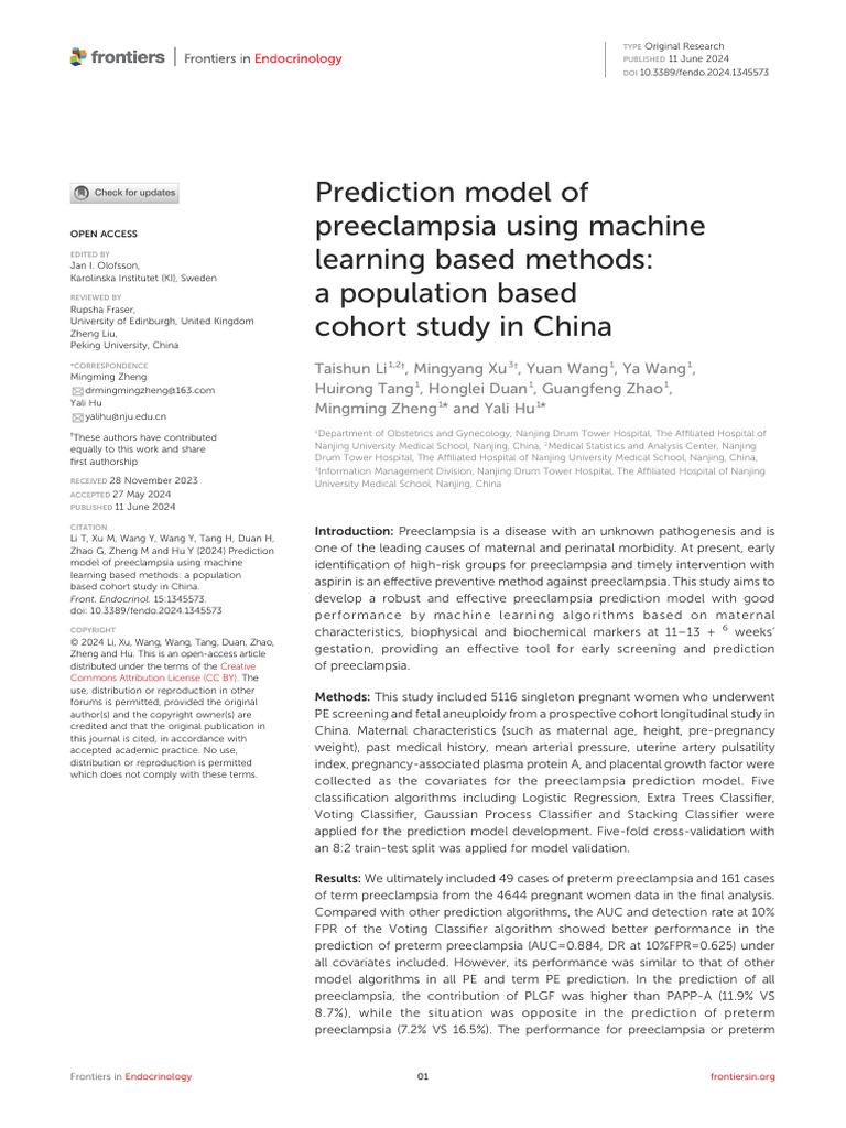 Prediction Model of Preeclampsia Using Machine Lea | PDF | Pregnancy | Blood Pressure