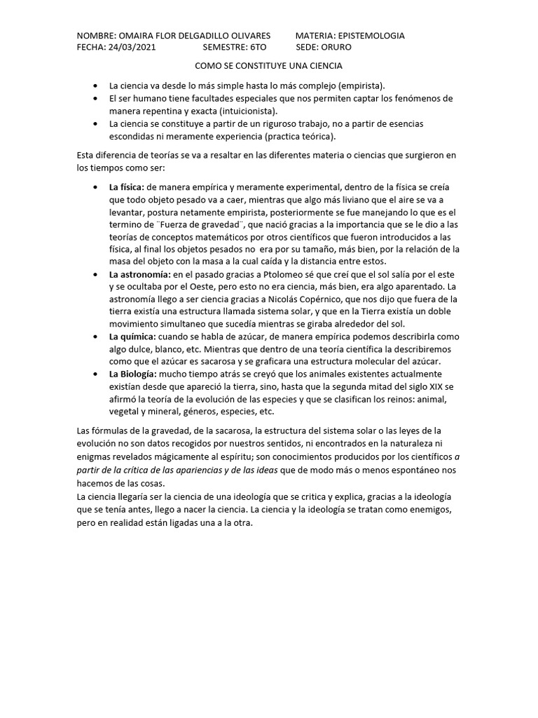COMO SE CONSTITUYE UNA CIENCIA Omaira Delgadillo Epistemologia | PDF | Science | Empirismo