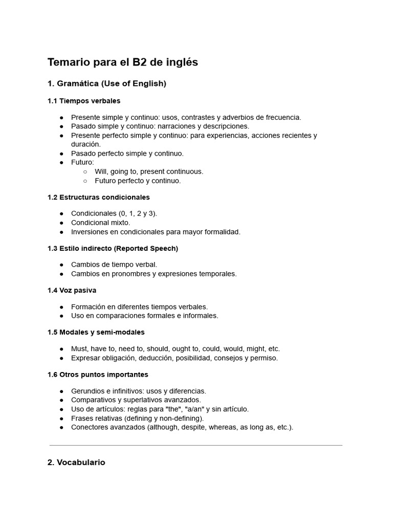 Temario B2 de Inglés PDF Gratis | PDF | Aprendizaje | Gramática