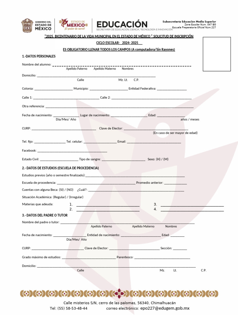 Solicitud de Inscripción Preparatoria 2024-2025 | PDF