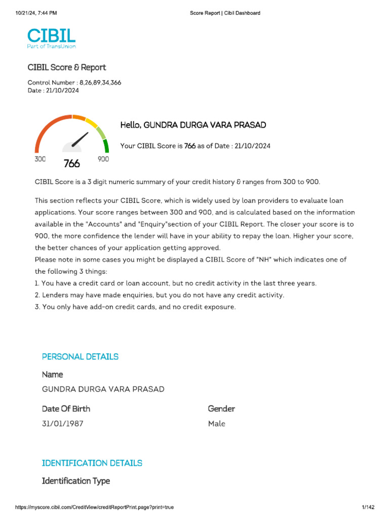 Score Report - Cibil Dashboard | PDF