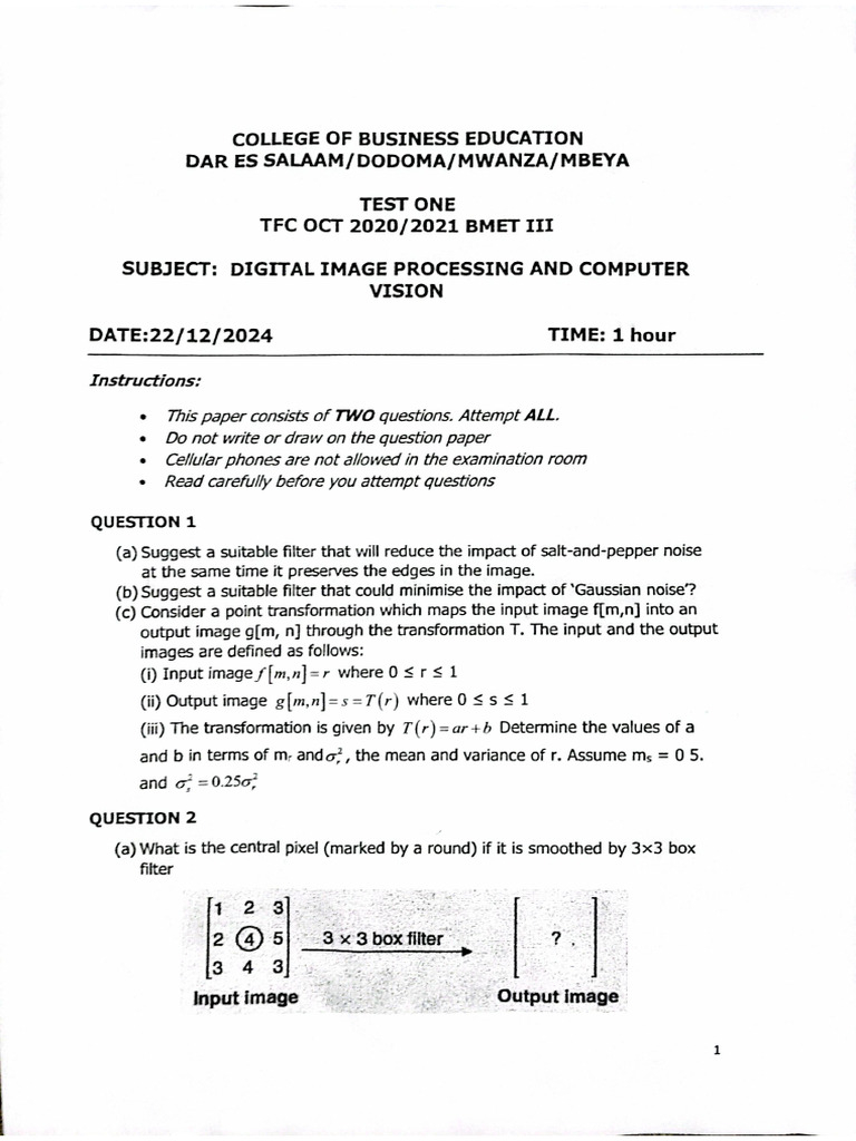 Retest, Test 1 Image Processing | PDF