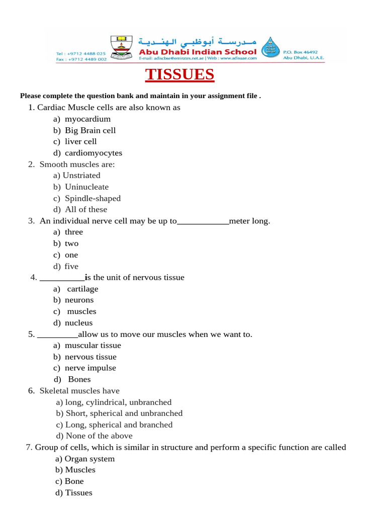 Grade 9 Tissues Question Bank | PDF | Tissue (Biology) | Muscle
