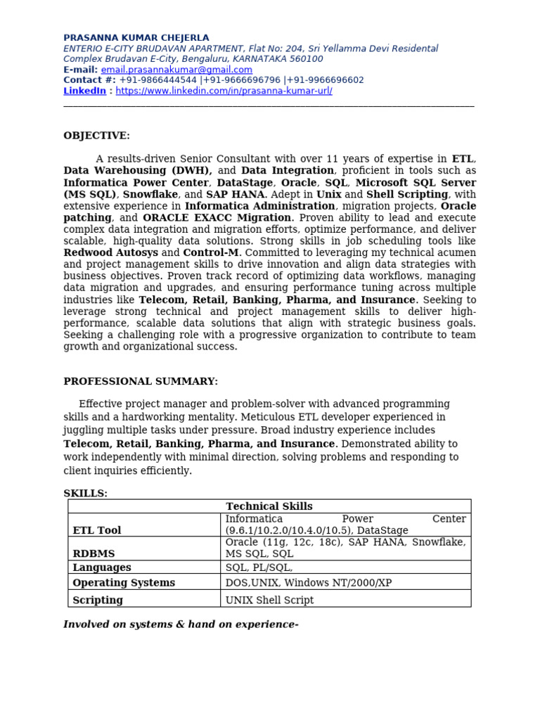 Resume Chejerla Prasanna Kumar | PDF | Data Warehouse | Computing