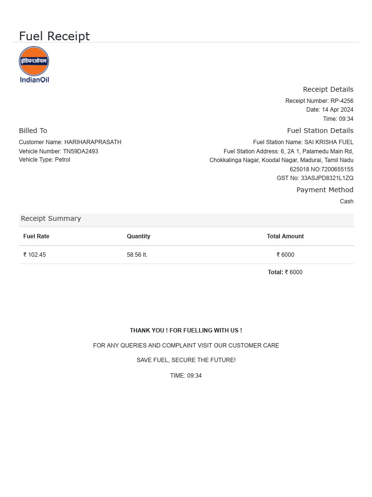 Fuel Receipt for HARIHARAPRASATH | PDF