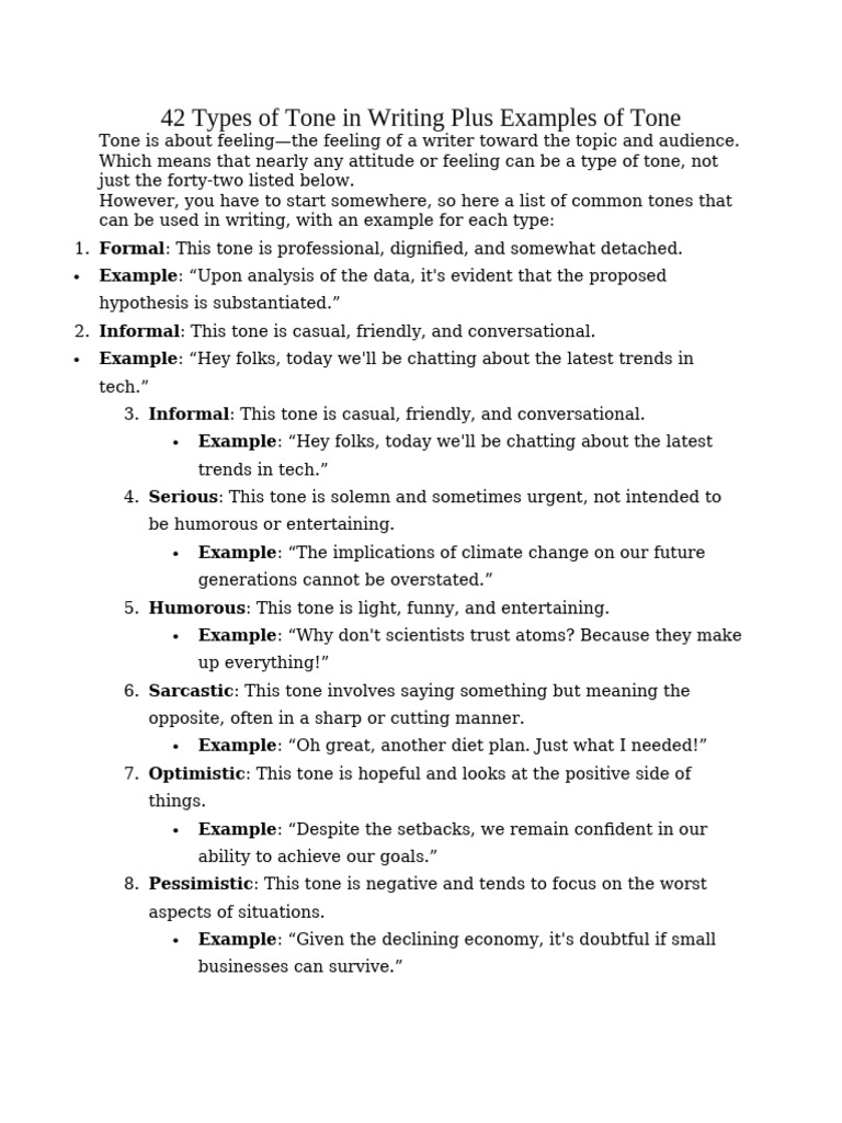 42 Types of Tone in Writing Plus Examples of Tone | PDF