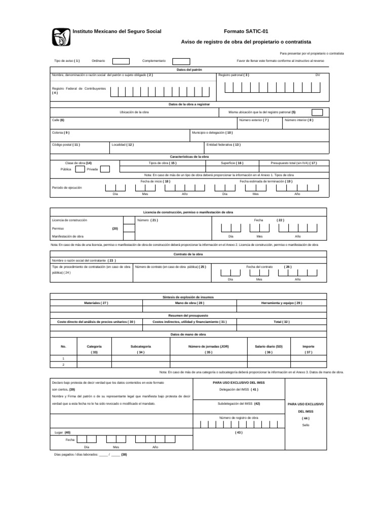 Formato SATIC-01 para Registro de Obras | PDF | Presupuesto