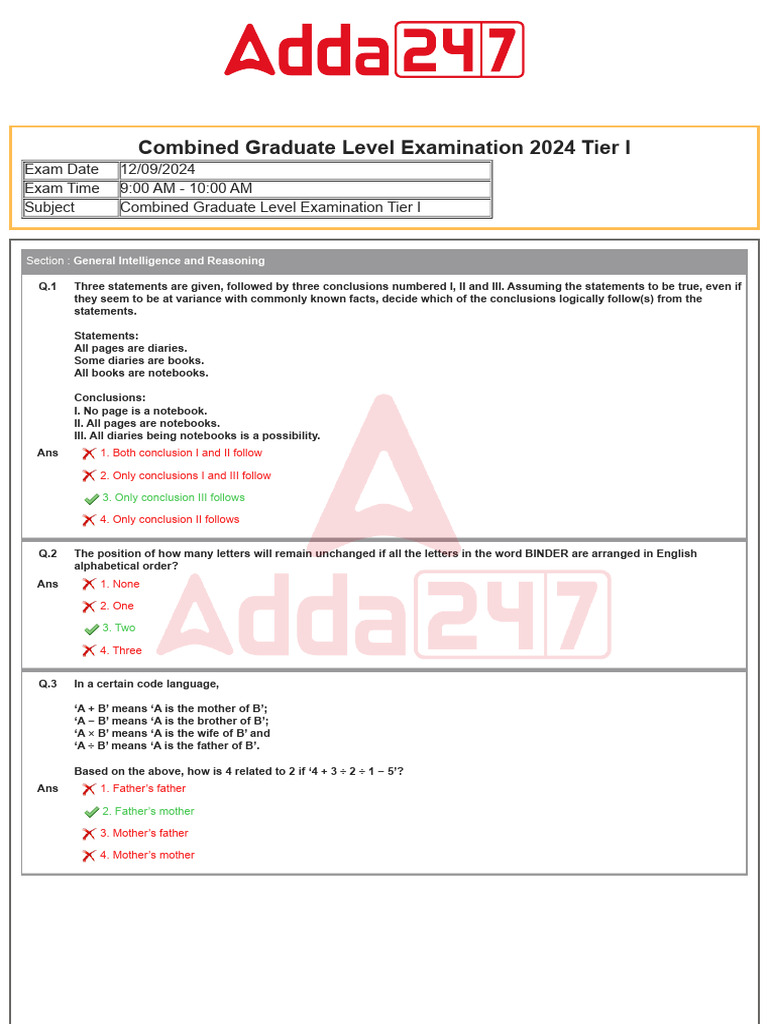 SSC CGL Tier 1 Question Paper 9 September 2024 Shift 1 1 Merged | PDF ...
