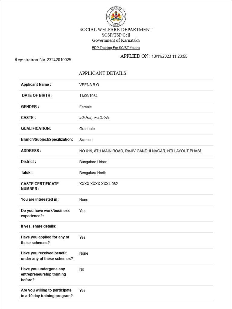 EDP Training Registration for SC/ST Youth | PDF