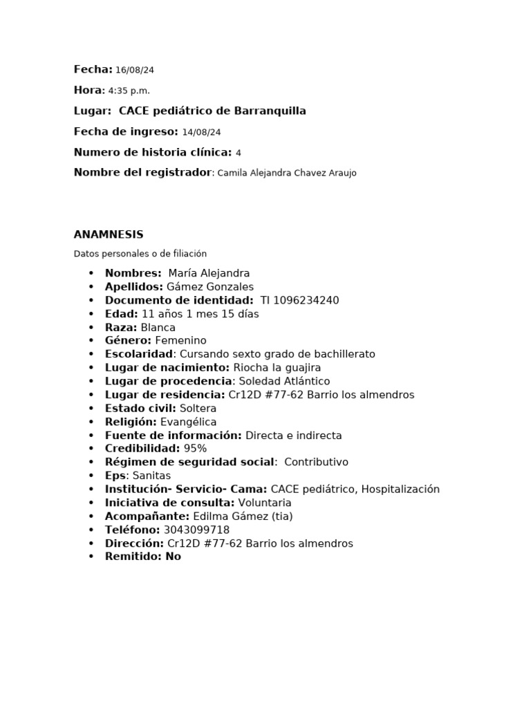 Historia Clinica de Cami | PDF | Medicina | Especialidades Medicas