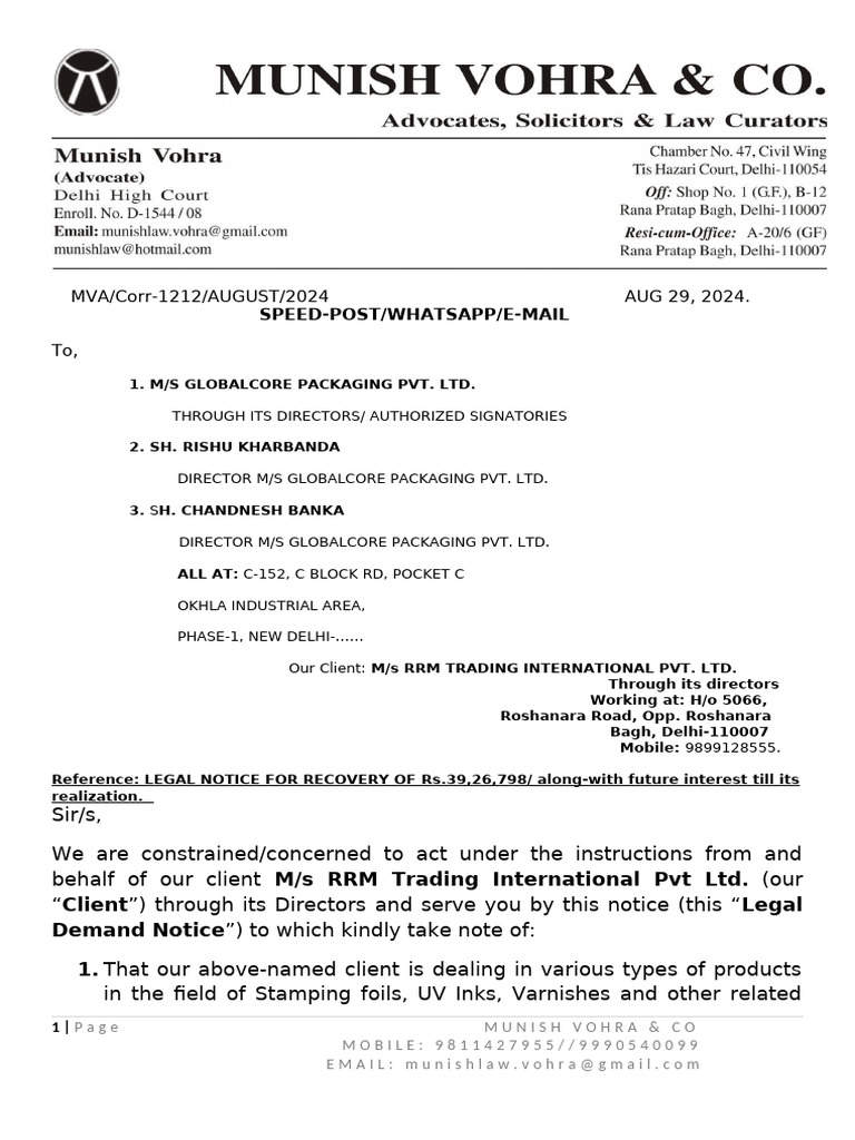 Notice CIVIL RRM INTNL Vs GLOBALCORE | PDF | Payments | Interest