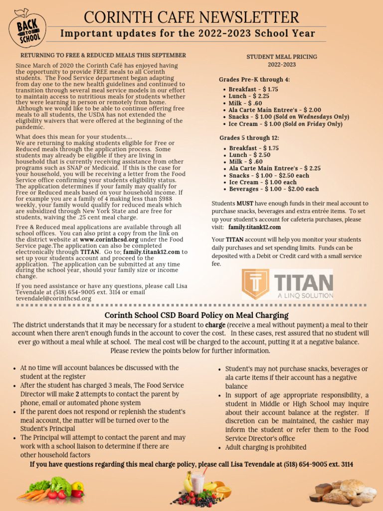 Corinth Cafe Newsletter 2022-2023 | PDF | Meal | Lunch