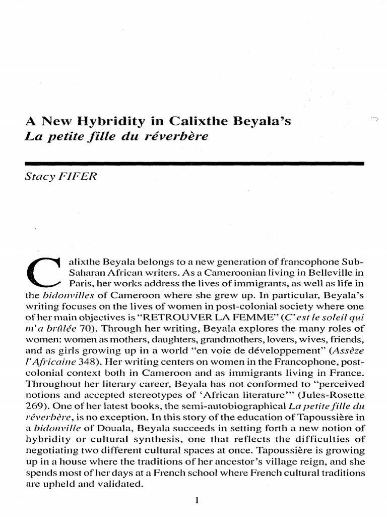 Fifer - 2001 - A New Hybridity in Calixthe Beyala's La Petite Fille Du Réverbère | PDF ...