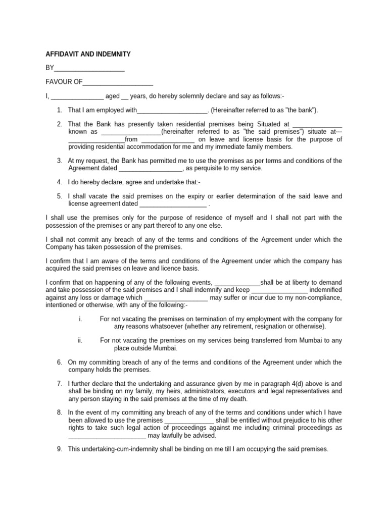 Affidavit and Indemnity | PDF | Indemnity | License