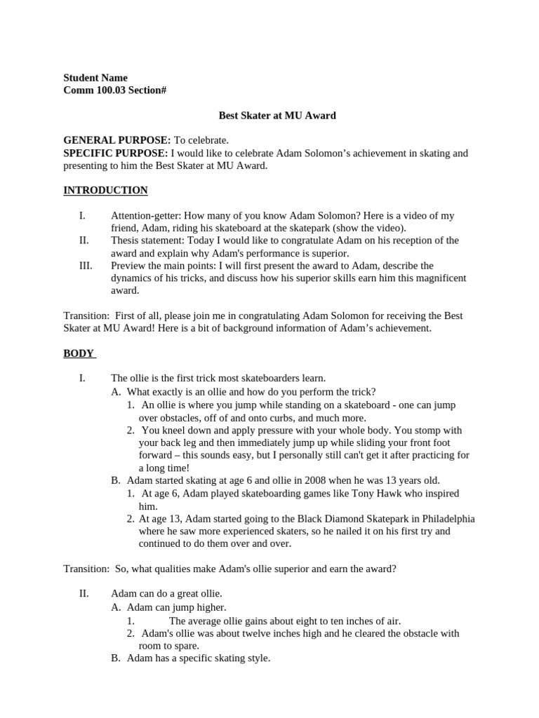 Sample Student Special Occasion Speech Outline1 (1) | PDF | Boardsports