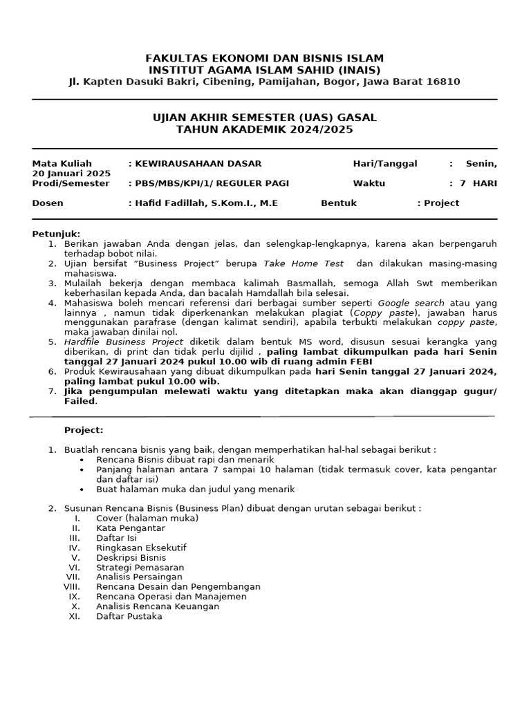 Soal Uas Kewirausahaan Dasar PBS MBS Dan Kpi 2025 | PDF