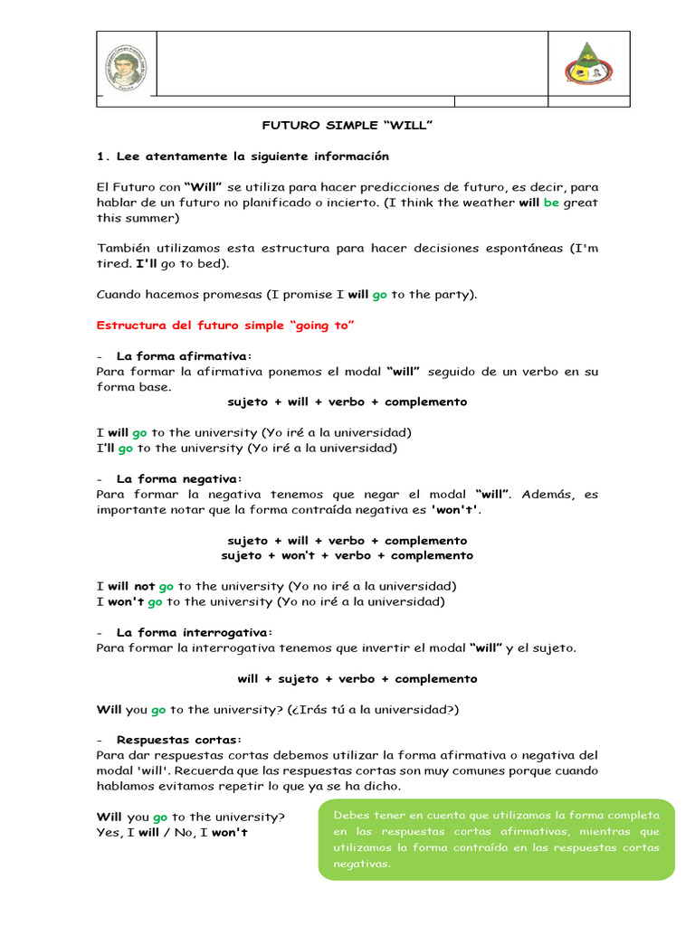Futuro Simple Will Ejercicios | PDF