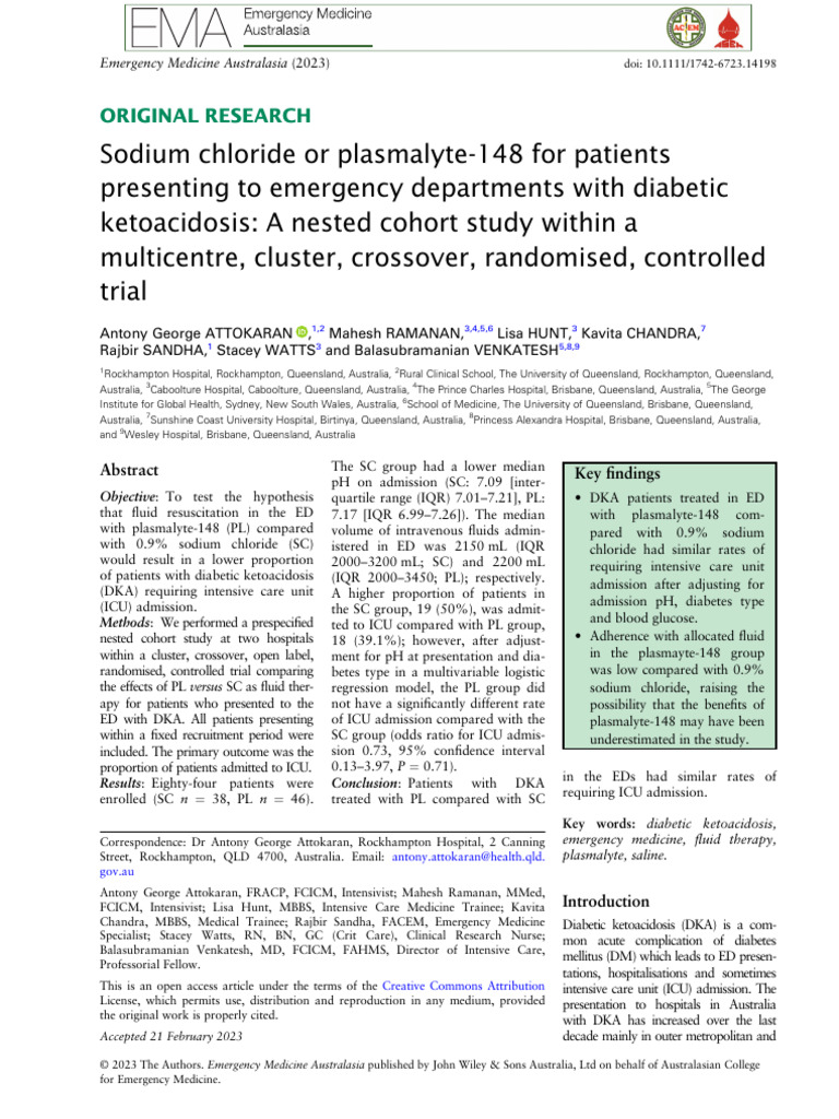 Plasmalyte vs Sodium Chloride in DKA | PDF | Intensive Care Unit ...