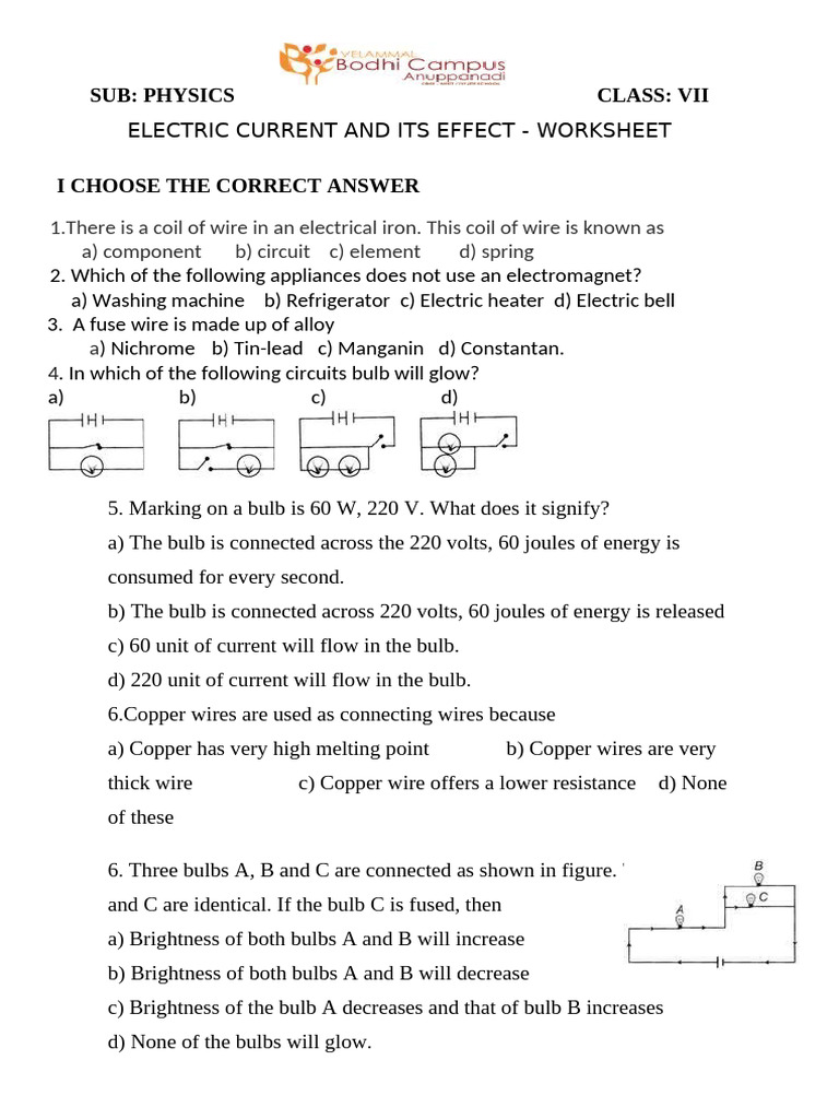 Electric Current Worksheet for Class VII | PDF | Electric Current | Compact Fluorescent Lamp