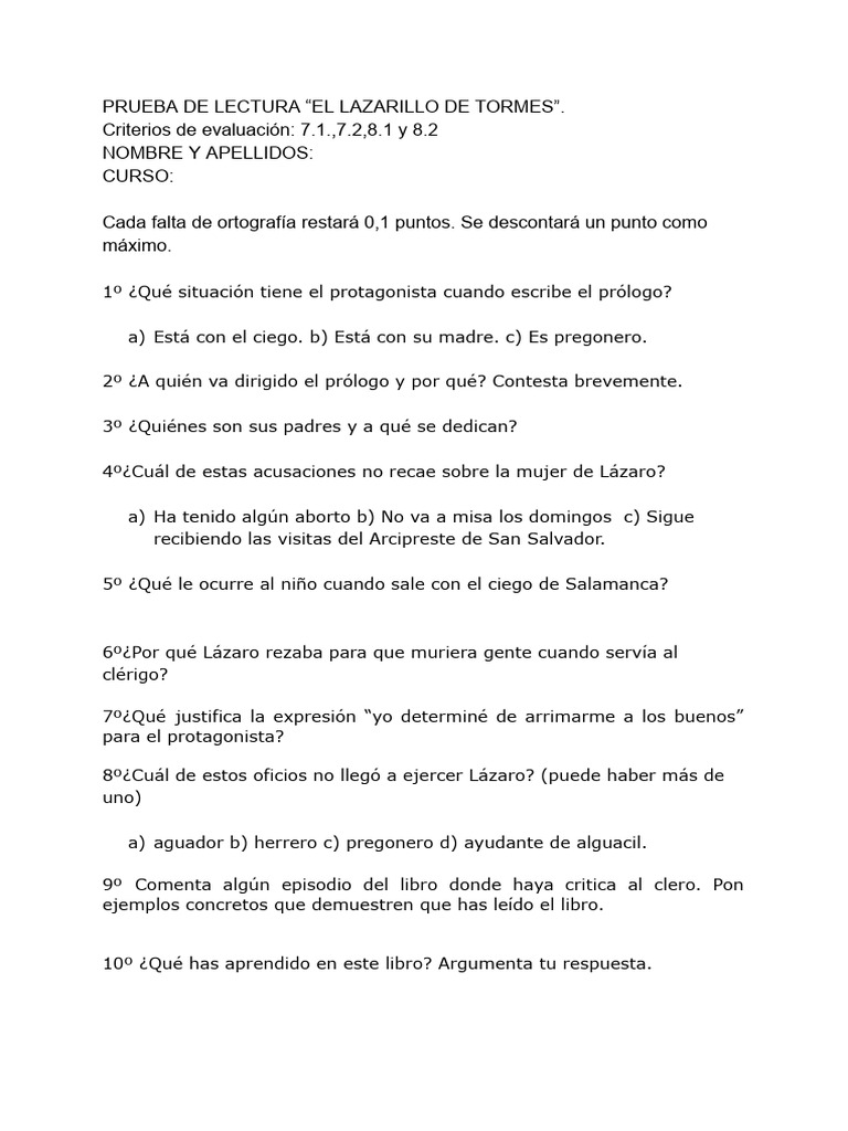 Prueba de Lectura "El Lazarillo de Tormes" | PDF