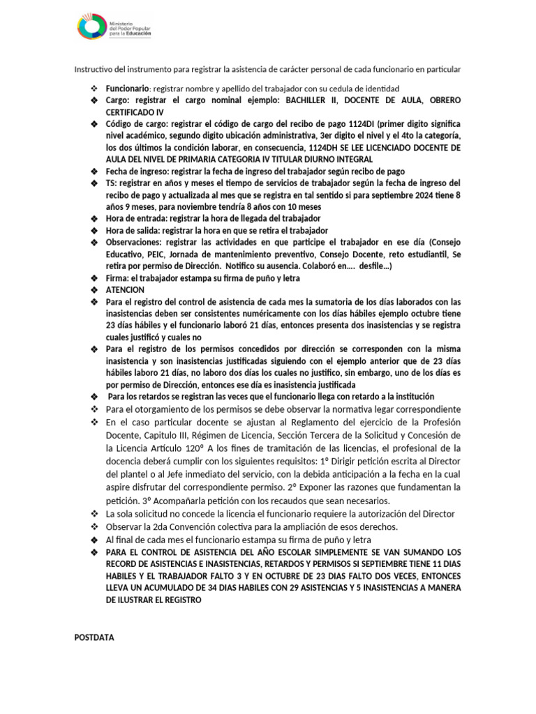 Instructivo Del Instrumento para Registrar La Asistencia de Carácter Personal de Cada ...