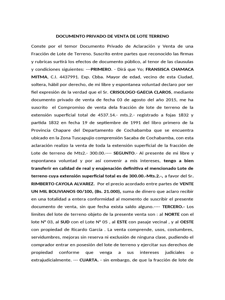 Documento Privado de Venta de Lote Terreno | PDF