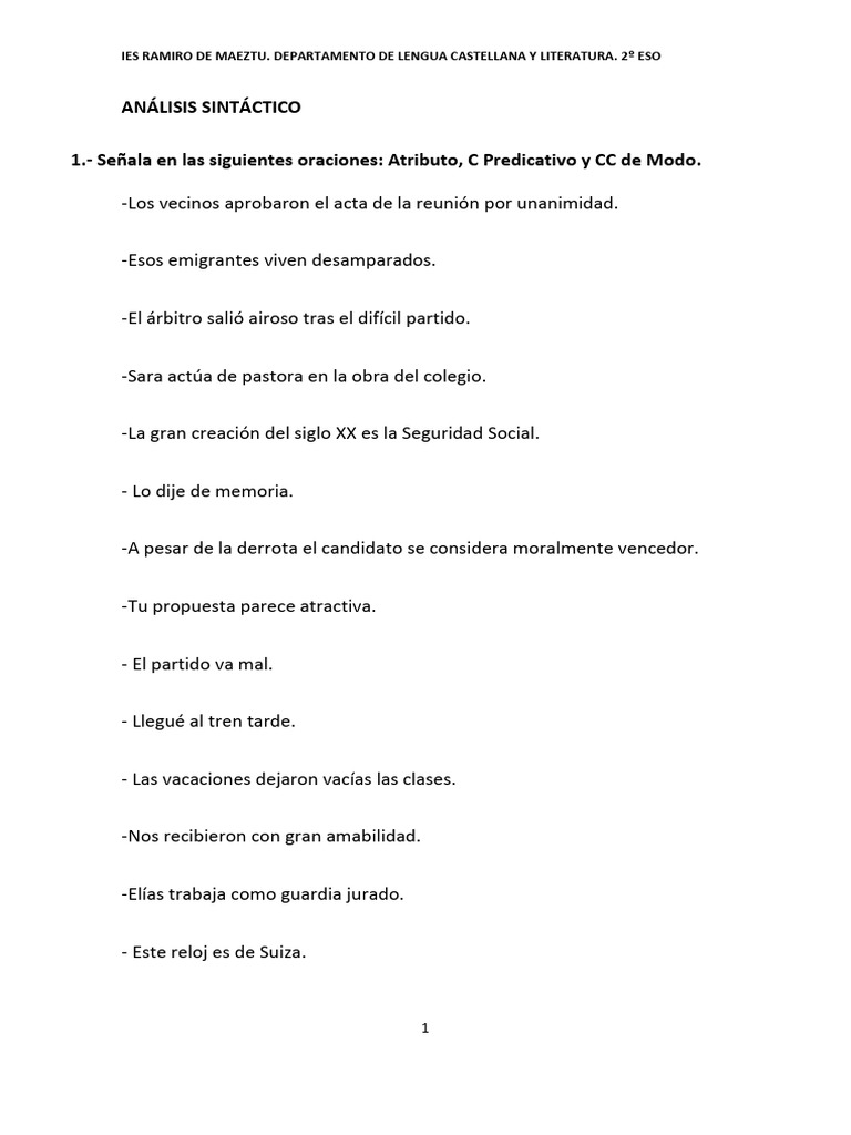 Ejercicios Sintaxis I | PDF