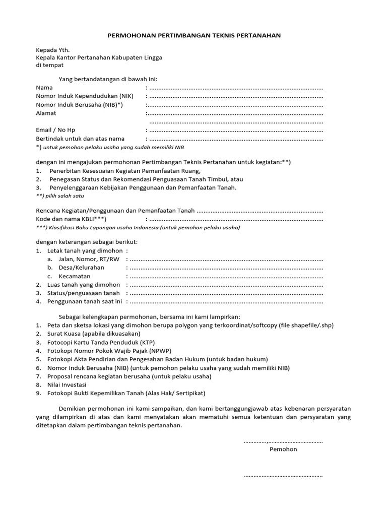 Form Permohonan PTP Lingga | PDF