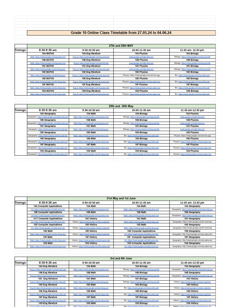 Online Timetable Grade 10 May 27th - June 4th 2024 - Sheet1 | PDF ...