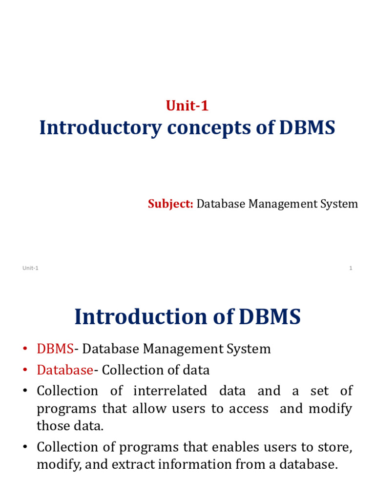 Unit-1 - Introductory Concepts of DBMS | PDF | Databases | Data Model