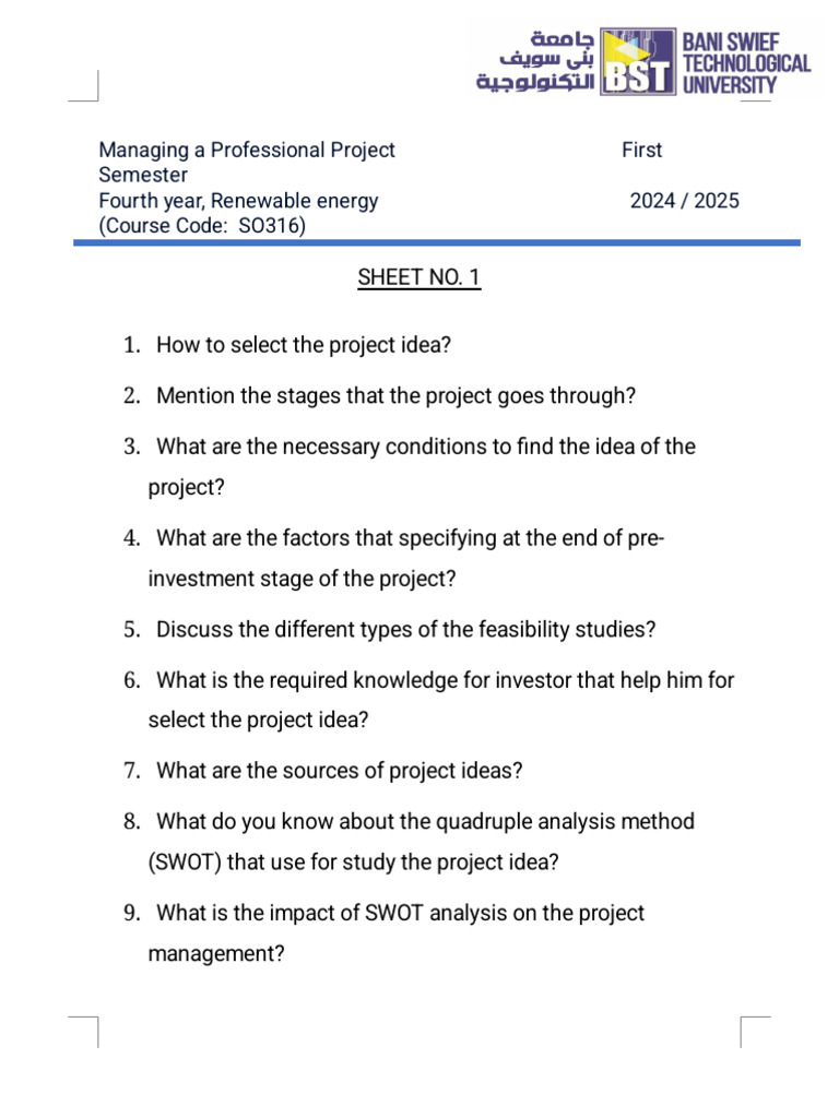 Sheet No. 1 Managing a Professional Project | PDF