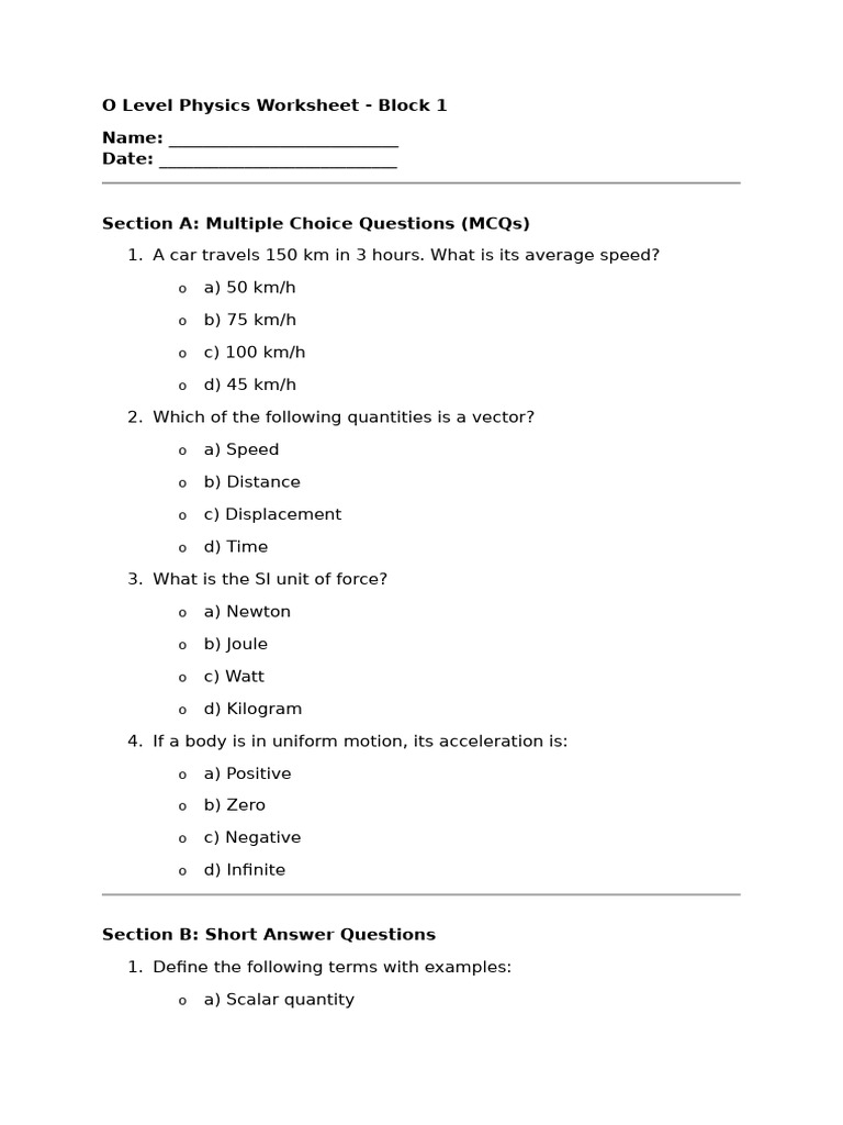 O Level Physics Worksheet | PDF | Velocity | Acceleration