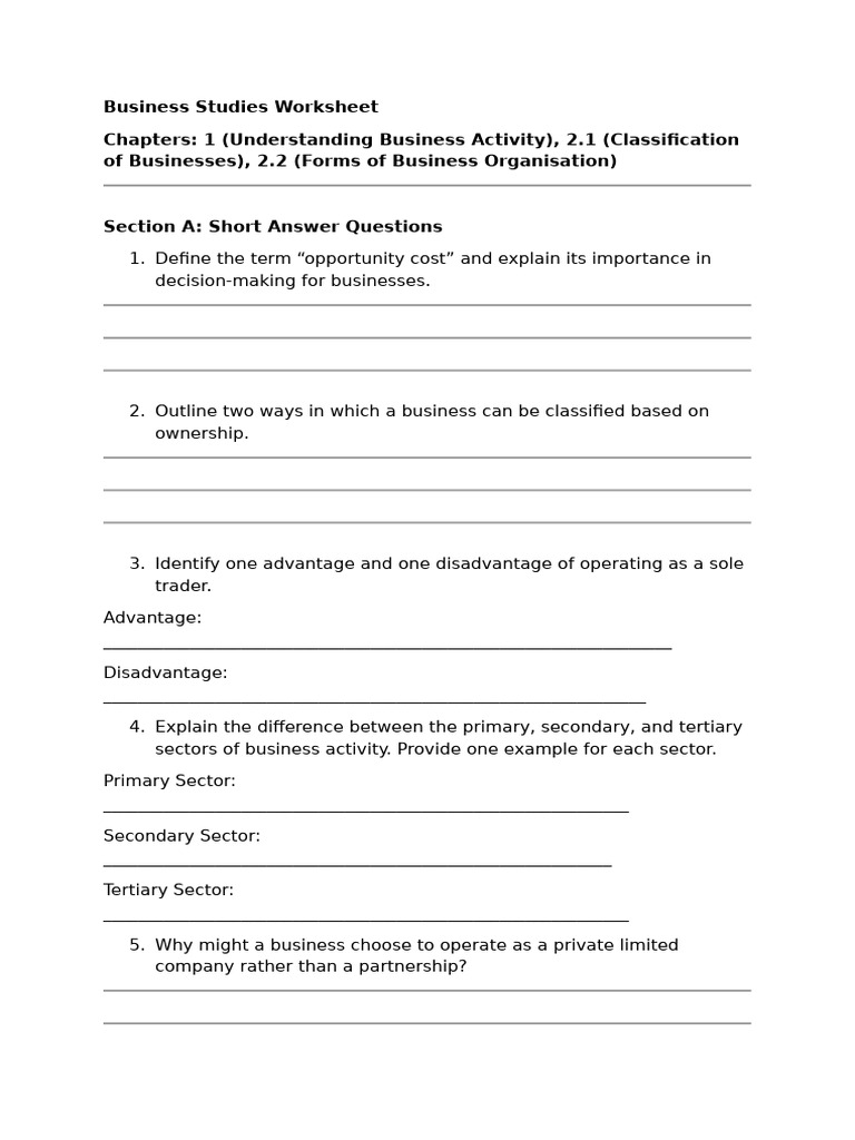 Business Studies Worksheet Chapter 1 and 2.1,2.2 | PDF | Layoff ...