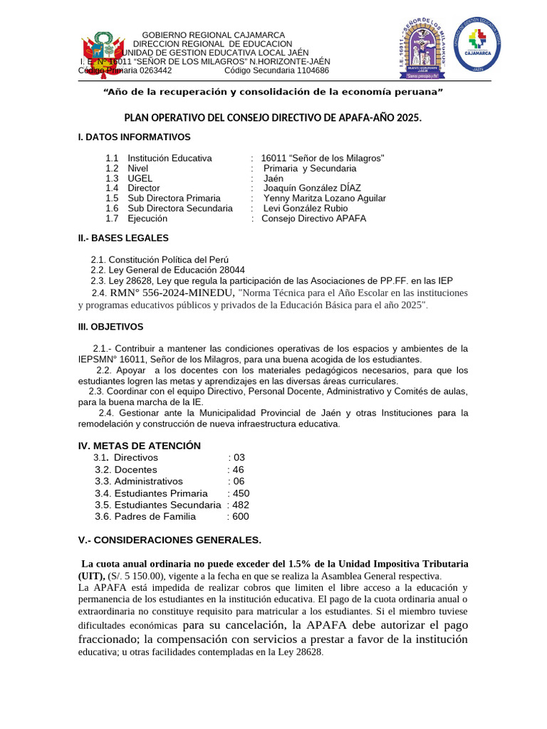 PLAN OPERATIVO - APAFA - Verificar | PDF