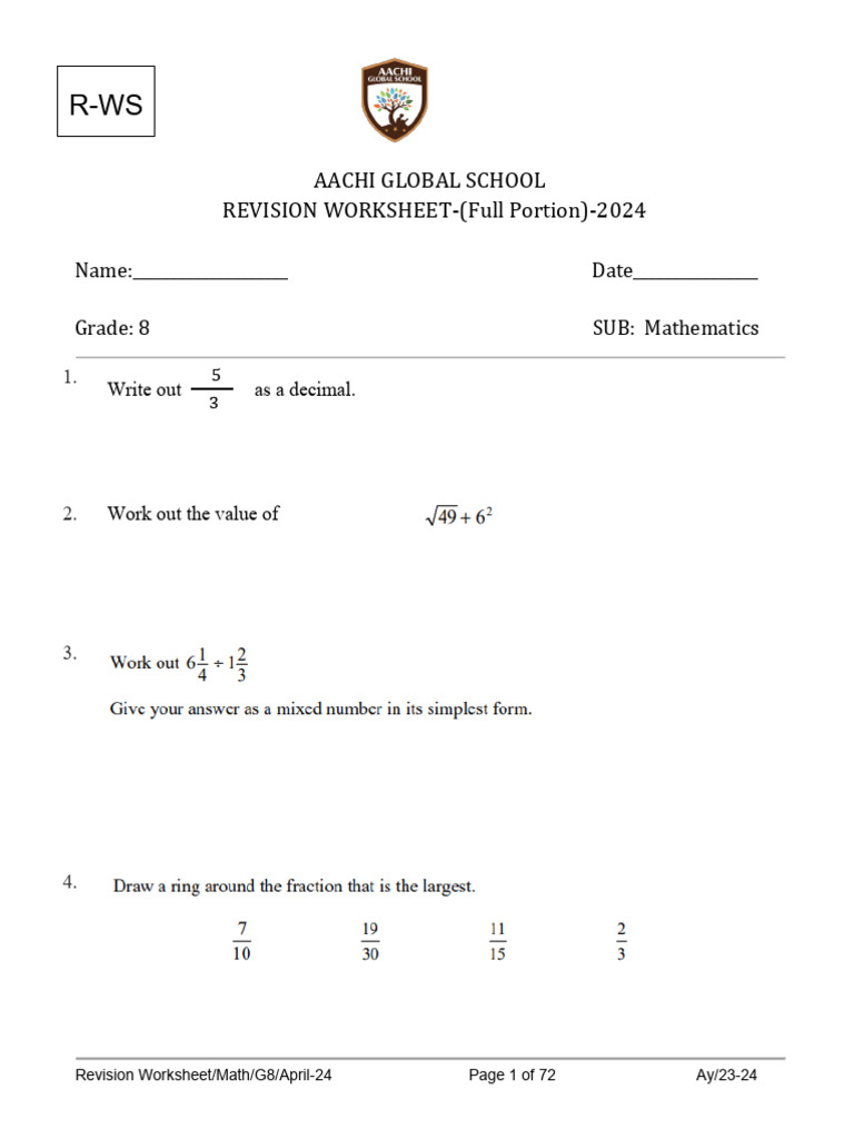 G8 Math-Revision Worksheet-fullportion | PDF | Triangle | Geometry