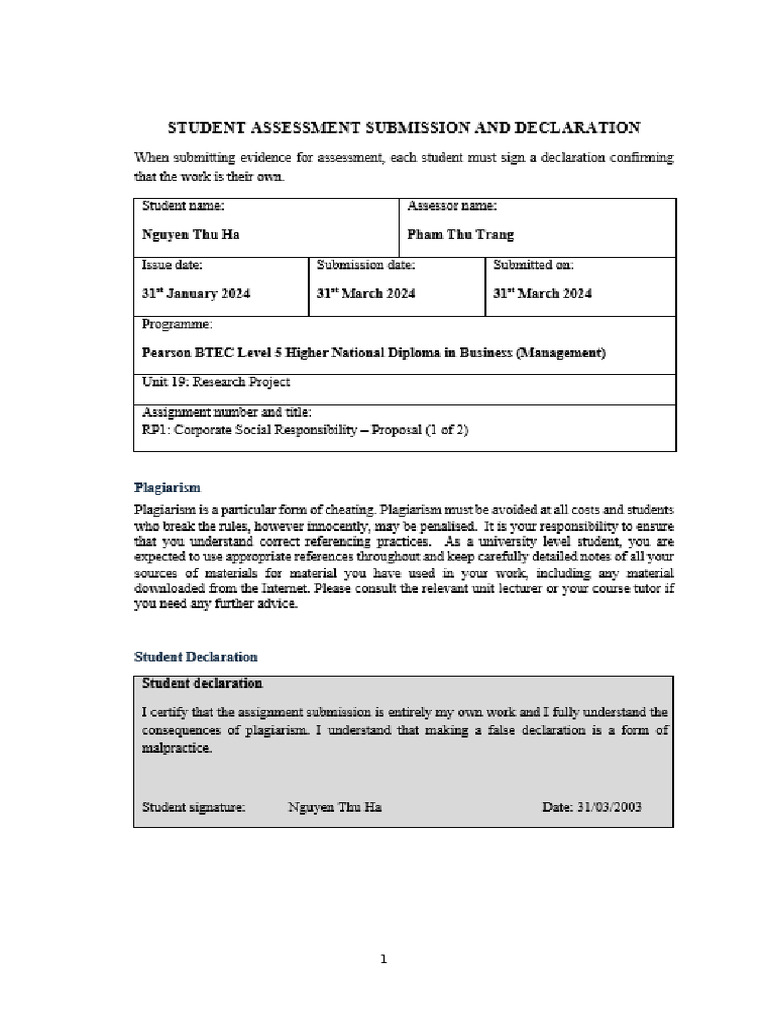 CO1 CO1-131 Nguyen Thu Ha Research Project A1 | PDF | Corporate Social Responsibility | Methodology