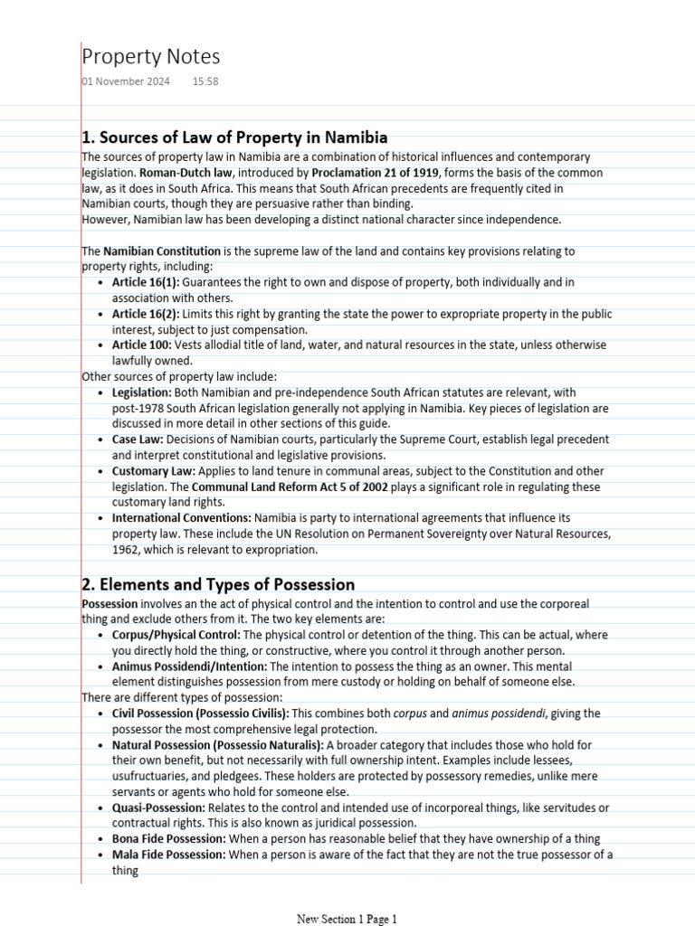 Namibia Property Law Overview | PDF | Eminent Domain | Possession (Law)