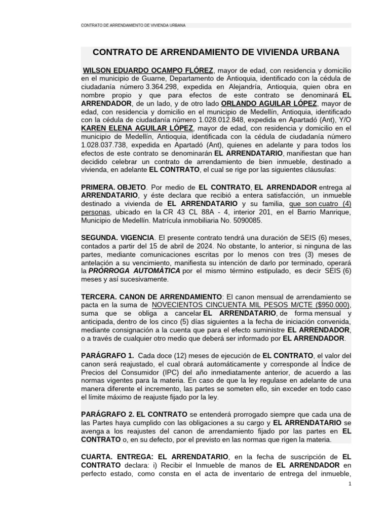 Contrato de Arrendamiento de Bien Inmueble Destinado a Vivienda Urbana Orlando | PDF