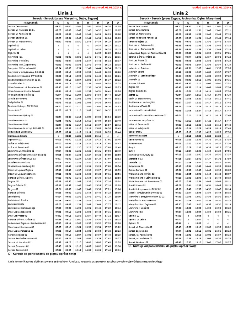Linia 1 Linia 2: Serock - Serock (Przez Marynino, Dębe, Zegrze) Serock - Serock (Przez Zegrze ...