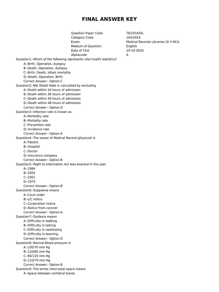 PSC Medical Records Librarian Grade II NCA Solved Question Paper 2016 ...