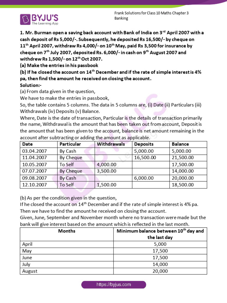 Frank Solutions For Class 10 Maths Chapter 3 Banking | PDF | Banks ...