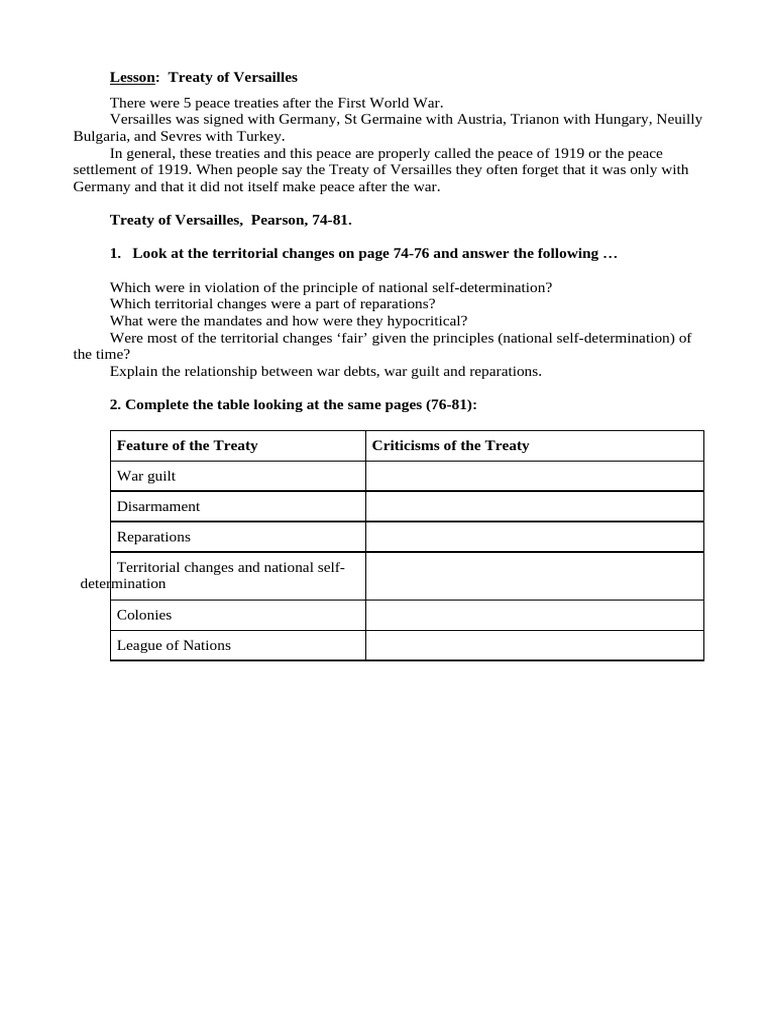 Worksheet - The Treaty of Versailles | PDF