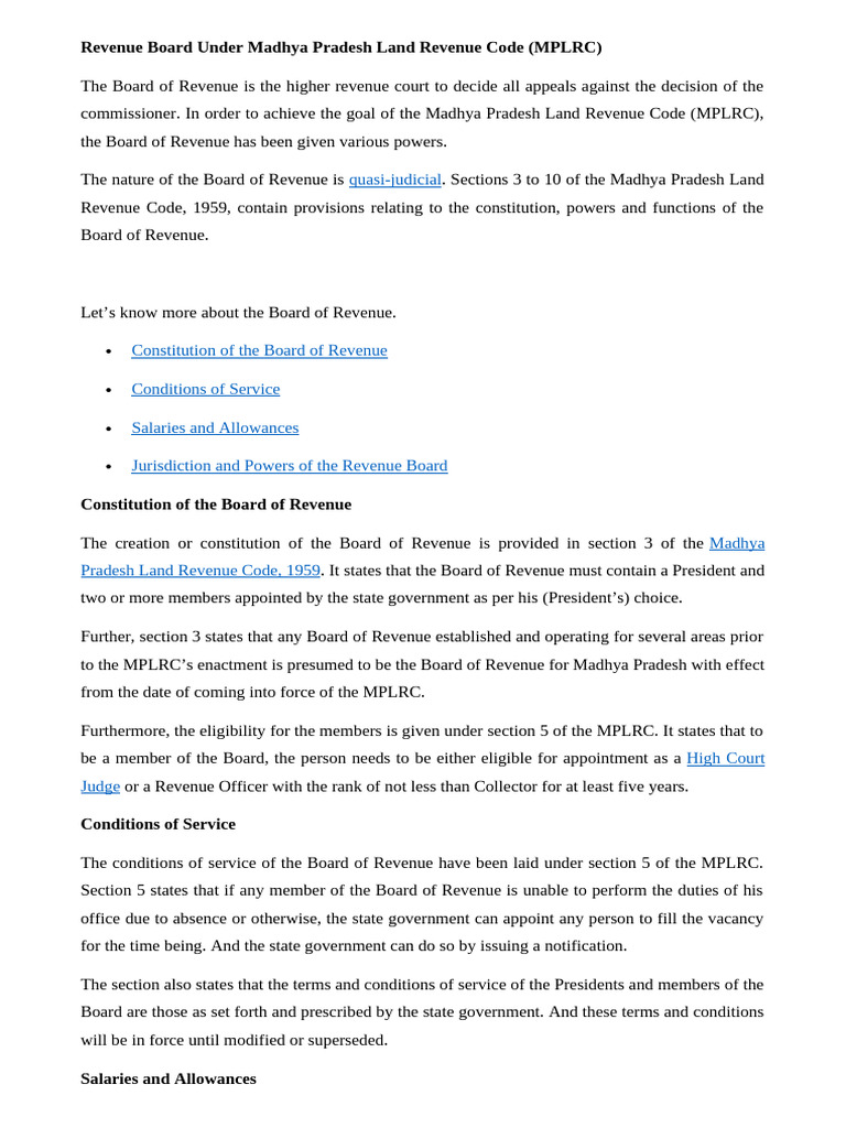Revenue Board Under Madhya Pradesh Land Revenue Code Writinglaw | PDF | Jurisdiction | Appeal