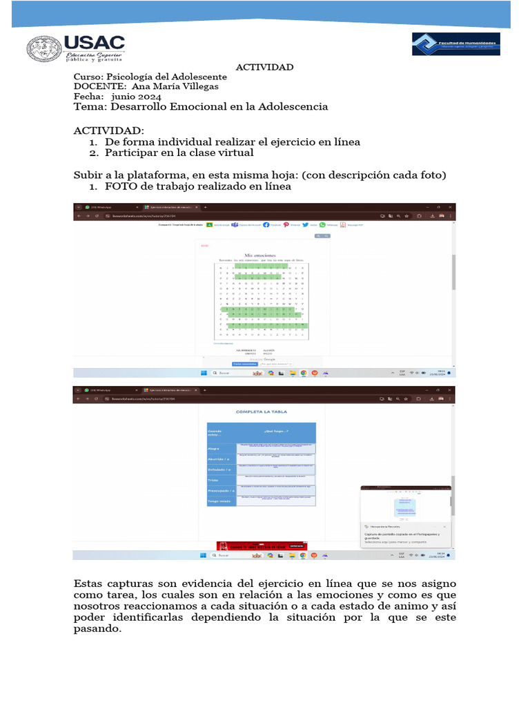 Ps-Tarea 1 b4 - Ejercicios de Las Emociones. Hoy Domingo | PDF